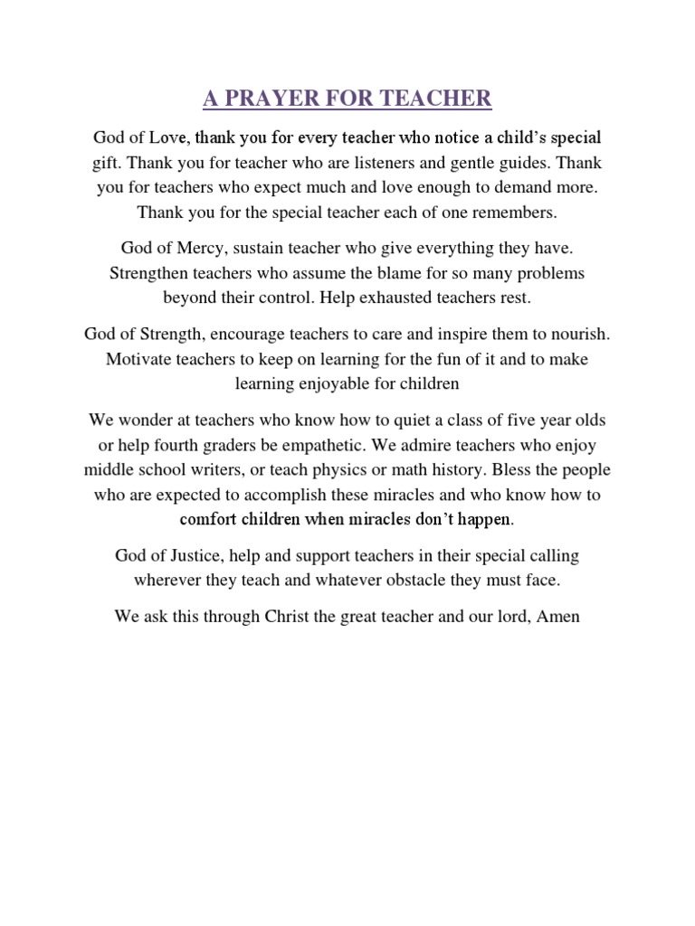 Prayer For Teacher | PDF | Self-Improvement | Wellness
