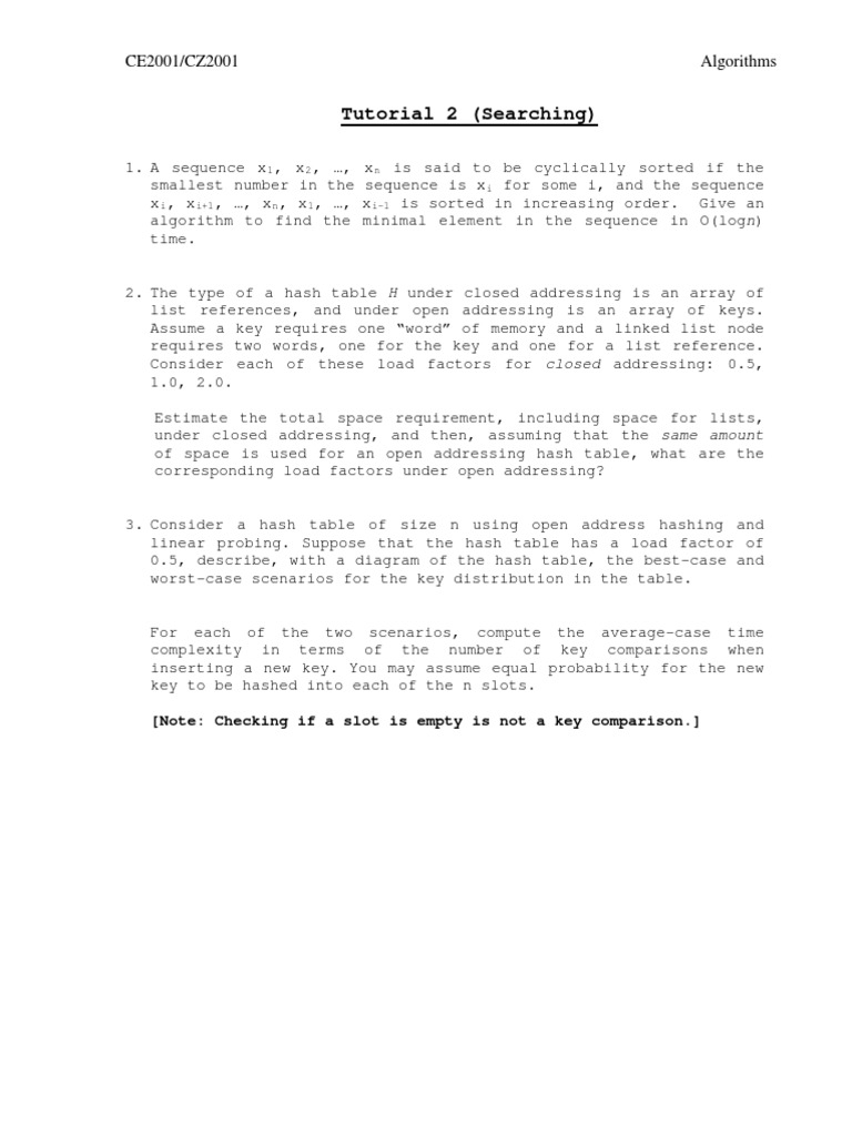 CE2001/CZ2001 - Algorithms - Tutorial 2 (Searching | PDF