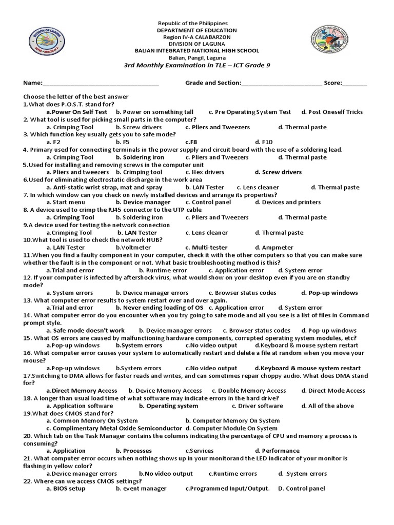 3rd Quarterly Test Grade 9 | PDF | Cmos | Electric Current