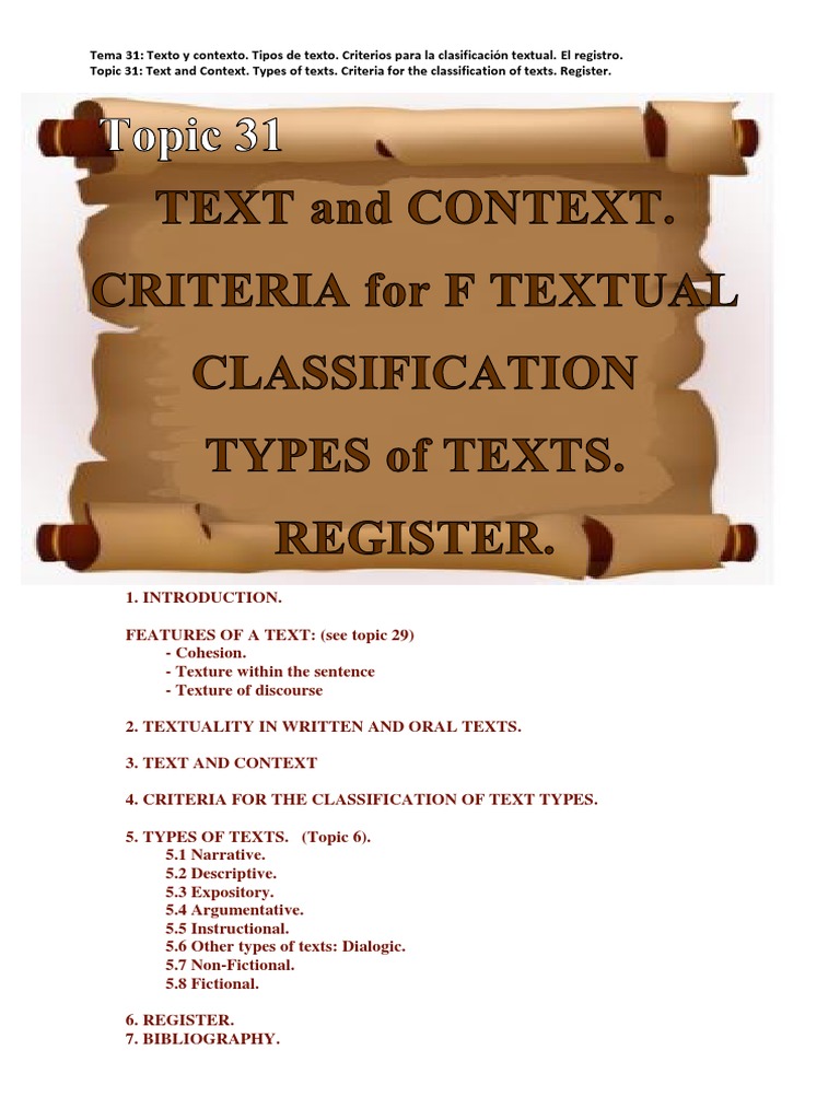 Tema 31 Text Context Types of Texts (N) | PDF | Narrative | Semiotics