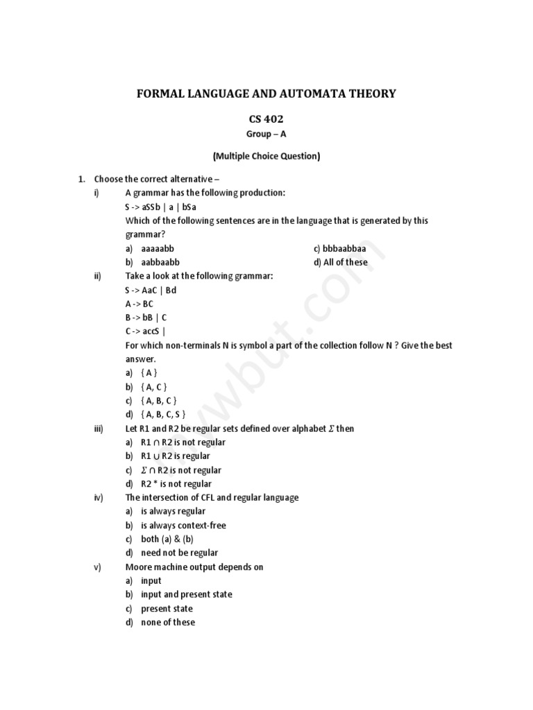 Formal Language and Automata Theory: Group - A (Multiple Choice Question) | PDF | Formal Methods ...