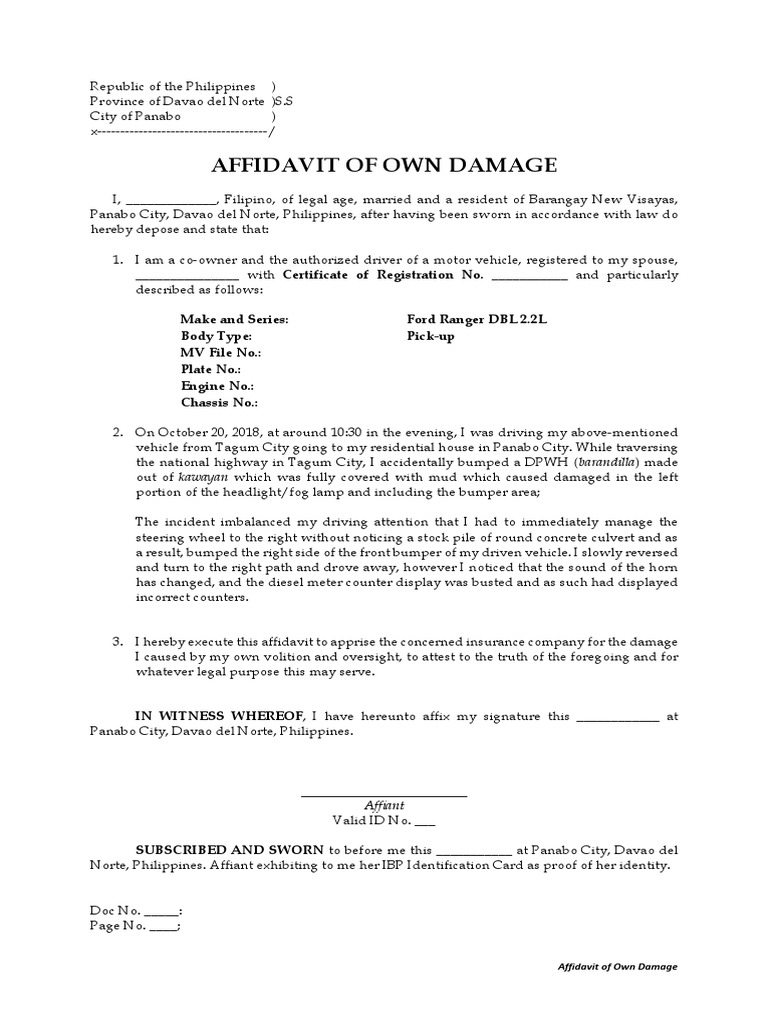 Affidavit of Own Damage | PDF | Affidavit | Identity Document