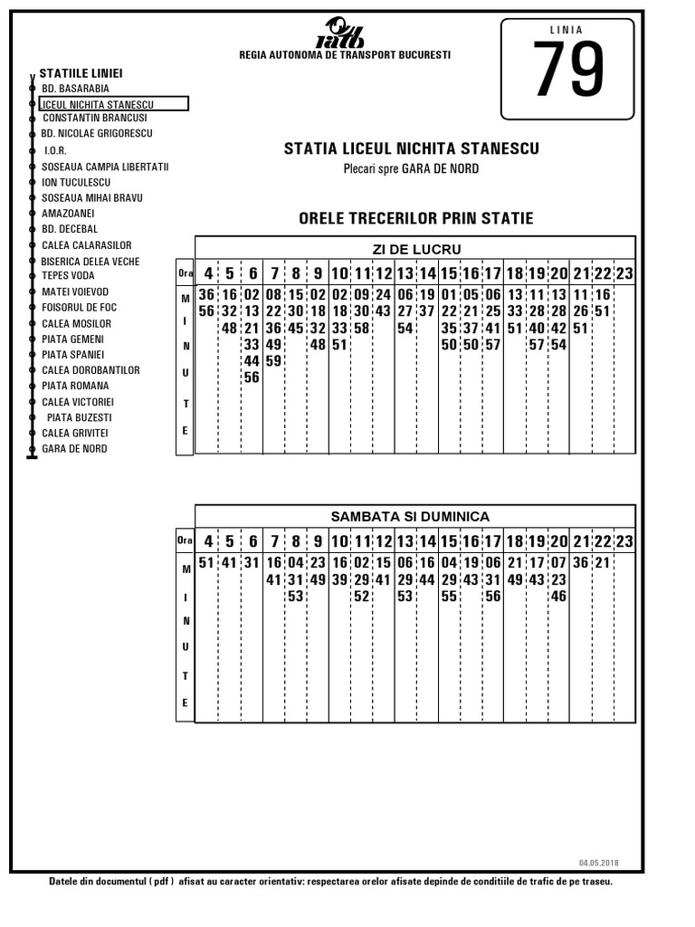 Ruta 79: Statia si Orele de Transport | PDF