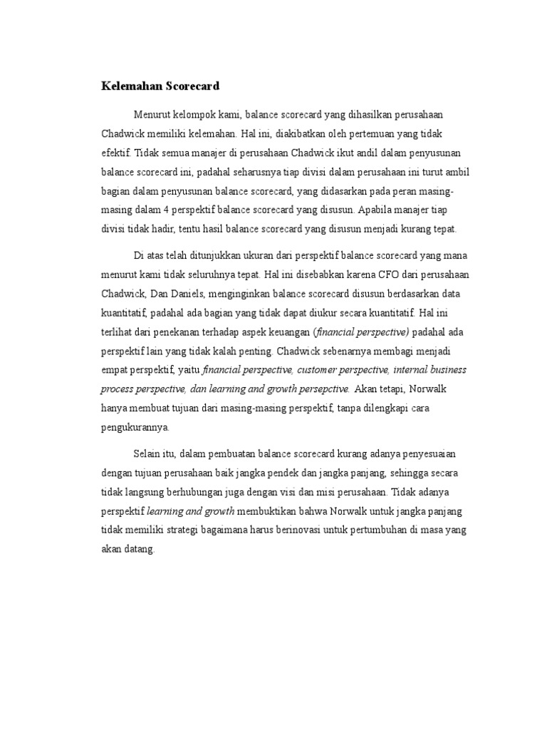 Kelemahan Balance Scorecard Chadwick | PDF
