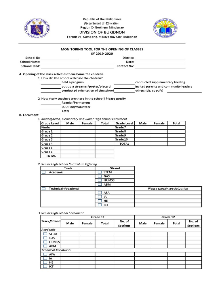Monitoring Tool For Opening of Classes SY 19-20 v2 | PDF | Kindergarten ...