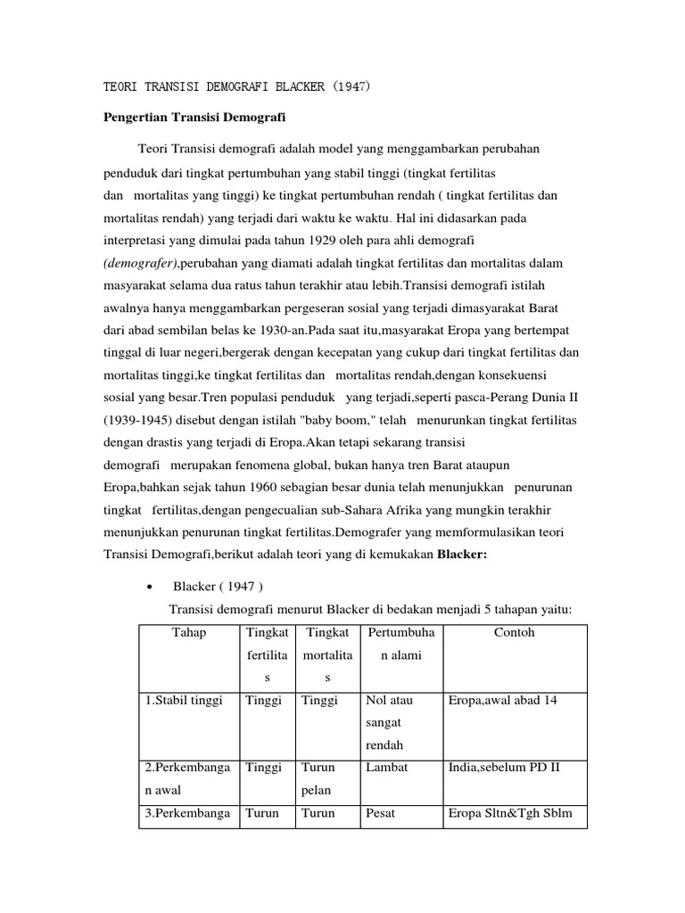 Tahapan Teori Transisi Demografi | PDF