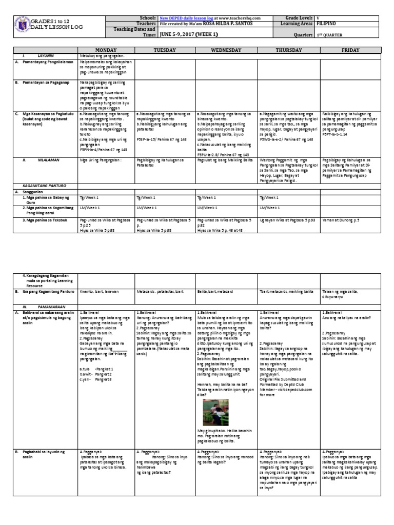 Grade 5 DLL Filipino 5 q1 Week 1 | PDF