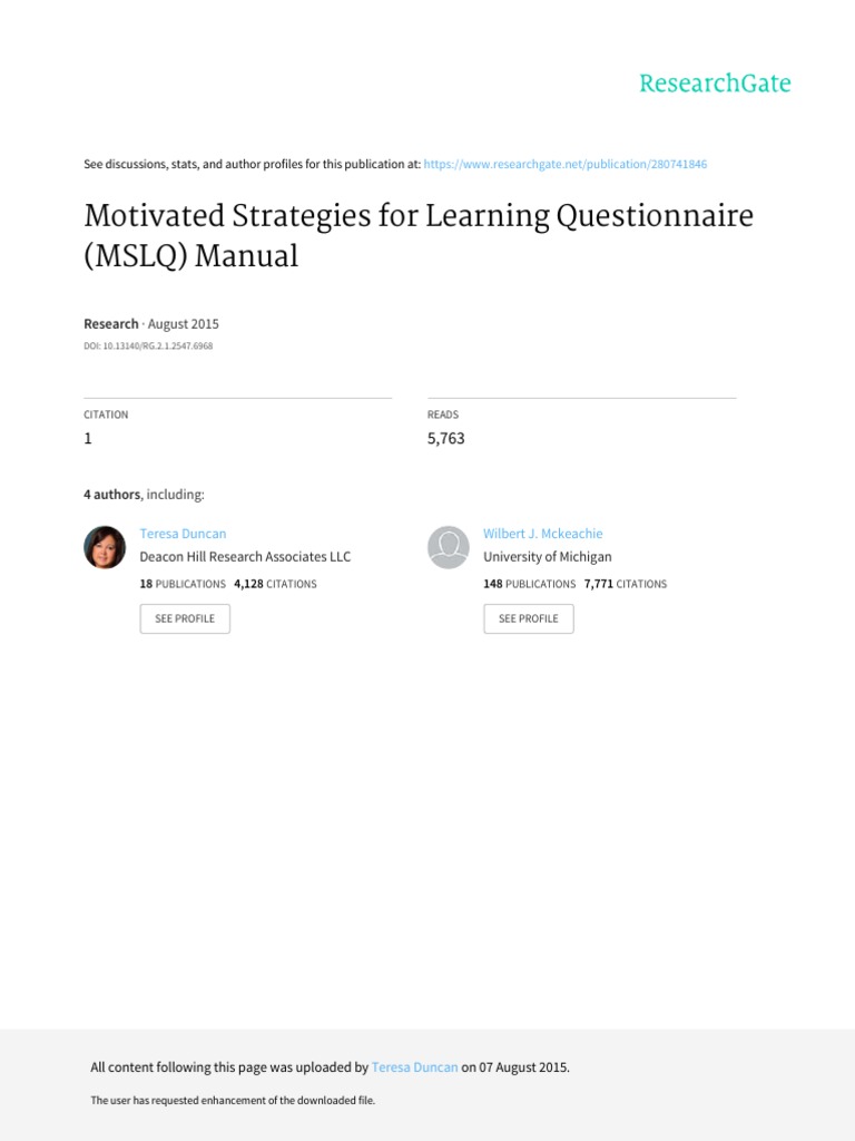 Motivated Strategies For Learning Questionnaire (MSLQ) Manual | PDF ...