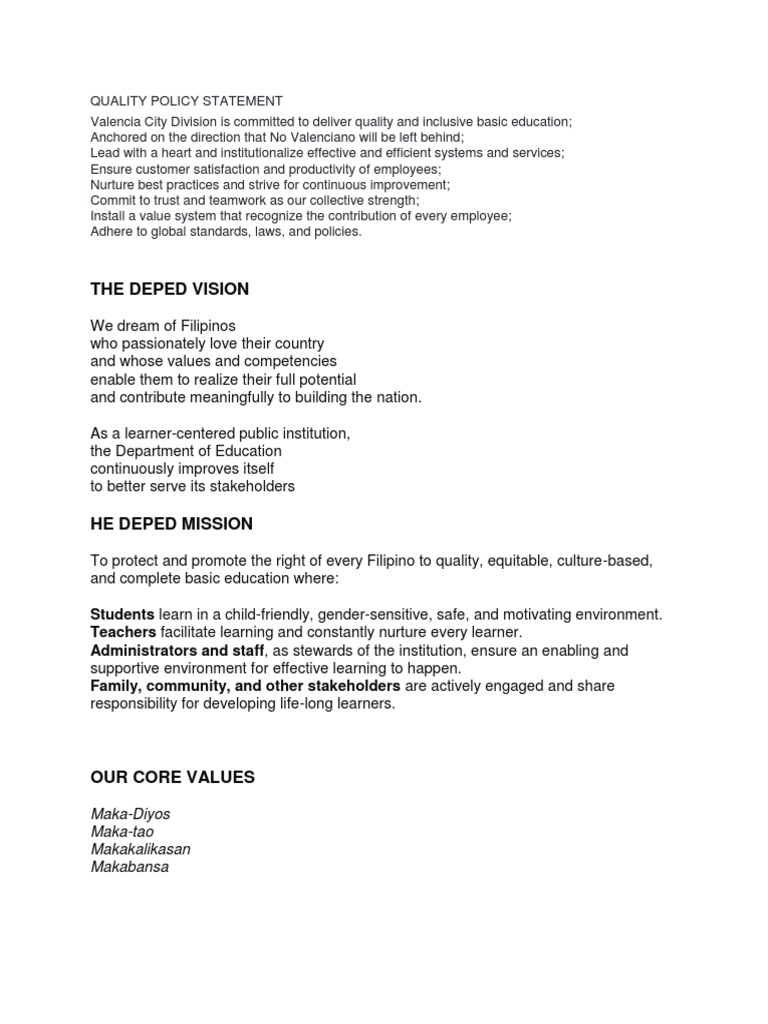 The Deped Vision: Students Teachers Administrators and Staff Family ...