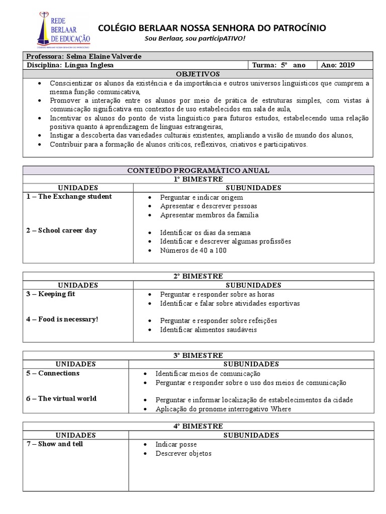 Planejamento Anual Rede Berlaar 5 Ano Ingles | PDF | Semiótica ...