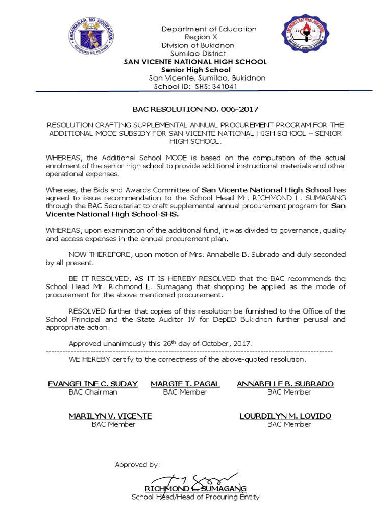 BAC Resolutions for San Vicente SHS Procurement | PDF | Procurement ...
