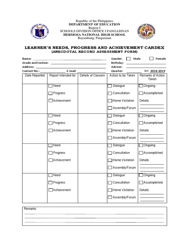 Tracking Learner Needs, Progress and Achievement: An Anecdotal Record ...