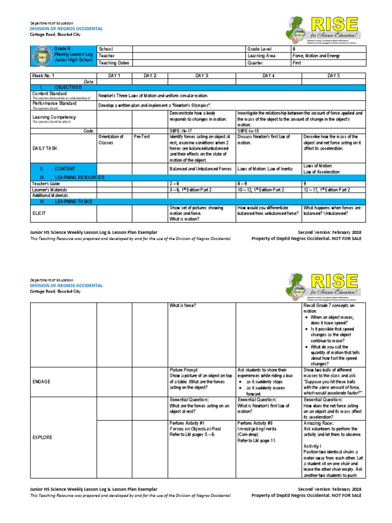 Grade 8 Science Lesson Plan: Forces & Motion | PDF | Newton's Laws Of ...