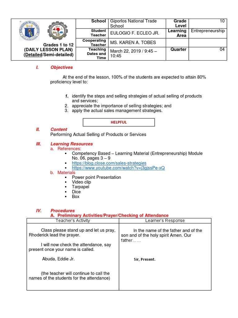 Detailed Lesson Plan in Entrepreneurship | PDF | Sales | Lesson Plan