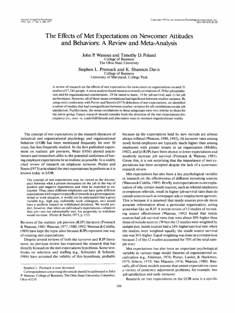 Wanous (1992) PDF | PDF | Effect Size | Variance