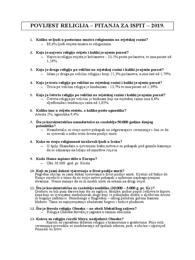 Povijest Religija-2019-Pitanja Za Ispit | PDF