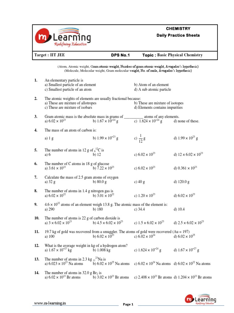 Basic Physical Chemistry Sheet 1 | PDF | Mole (Unit) | Carbon