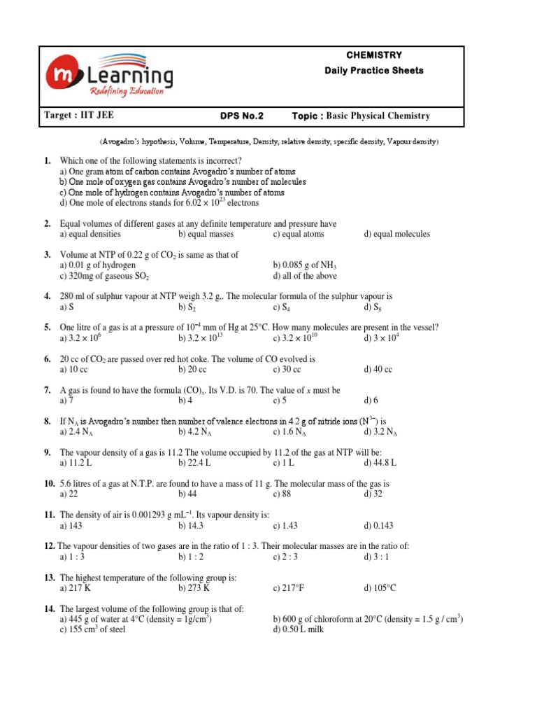 Basic Physical Chemistry Sheet 2 | PDF | Atmospheric Pressure | Pressure