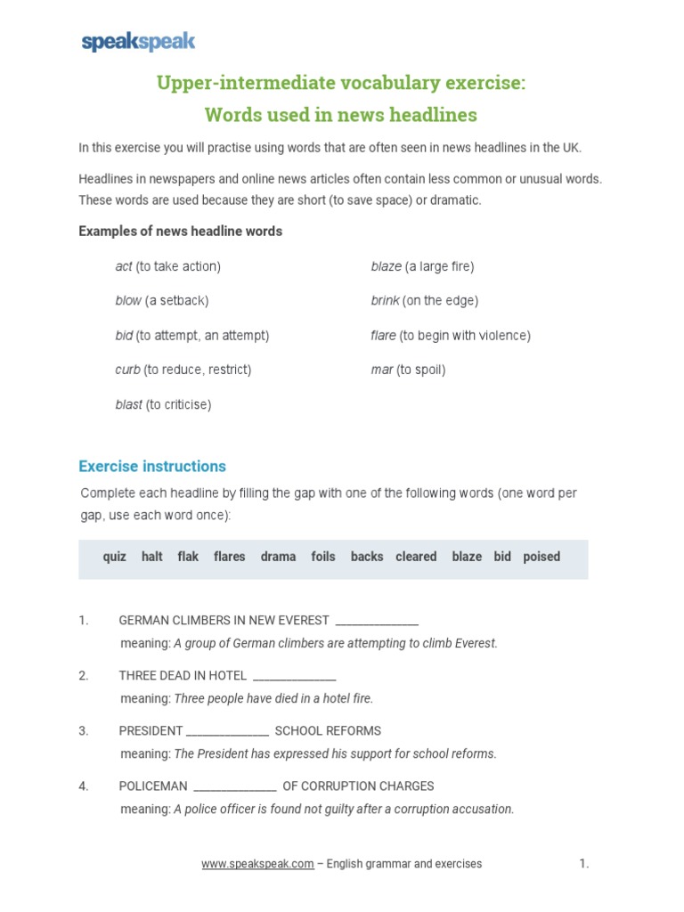 Handout Exercise Advanced Vocab Exercise Words in News Headlines | PDF ...