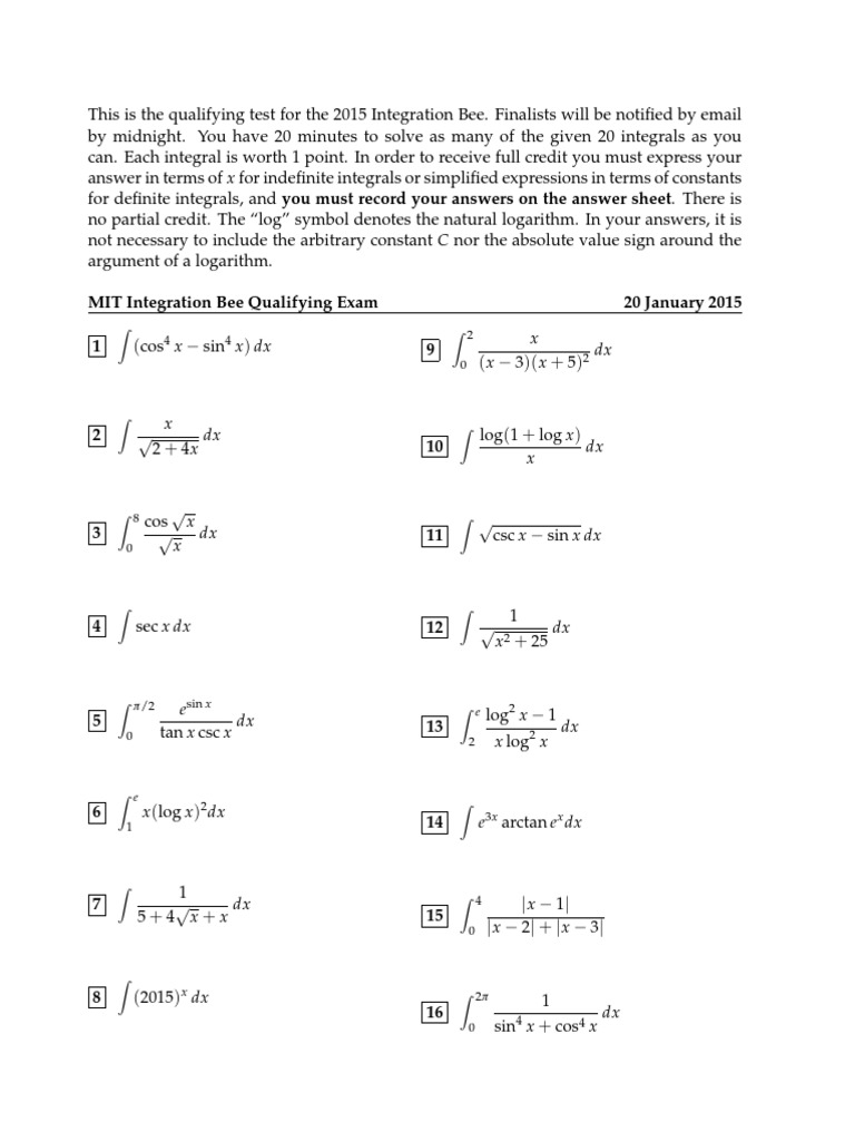 Qualifying Round 2013 Test Pdf Logarithm Integral