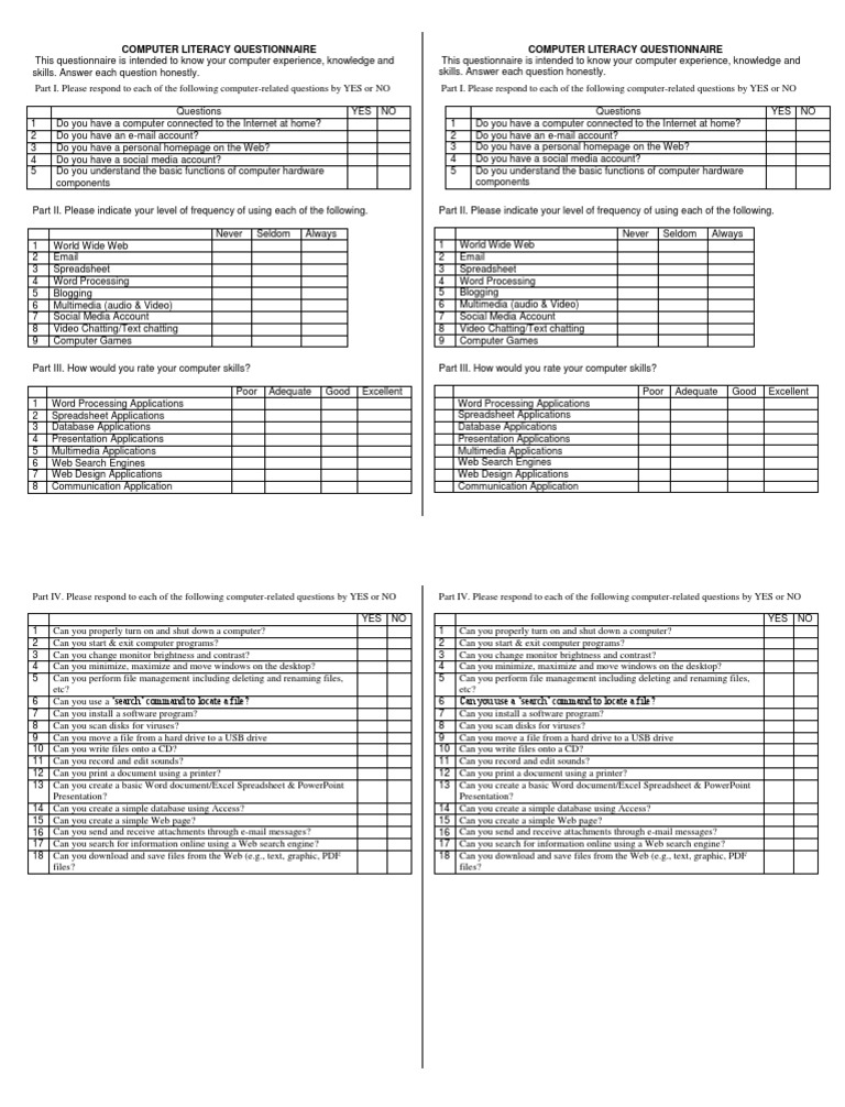 Computer Literacy Questionnaire | PDF | Application Software | Computer Virus
