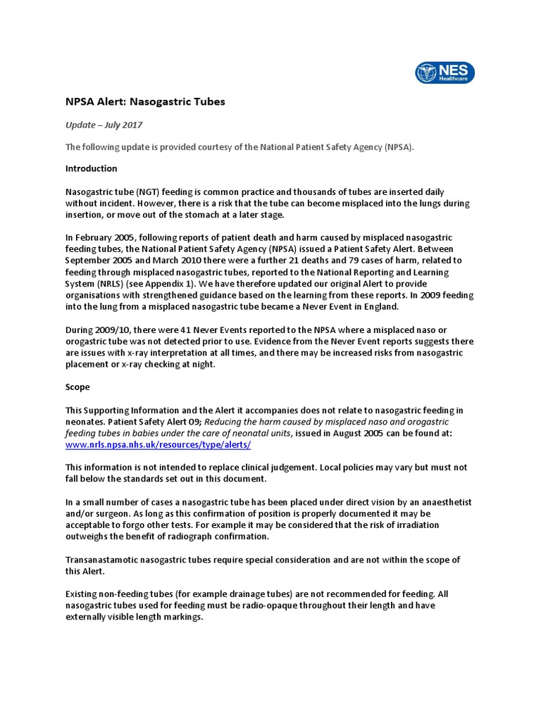 NPSA Alert: Ensure Nasogastric Tube Placement Safety | PDF | Medical ...