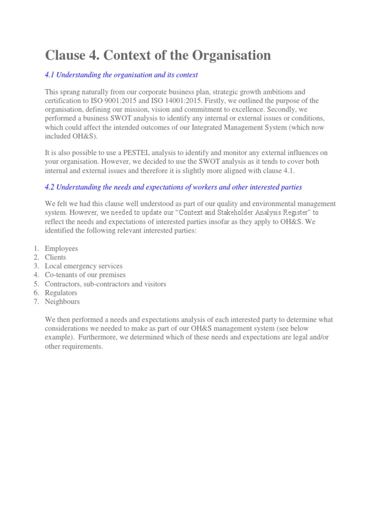 Clause 4. Context of The Organisation | PDF | Risk | Safety