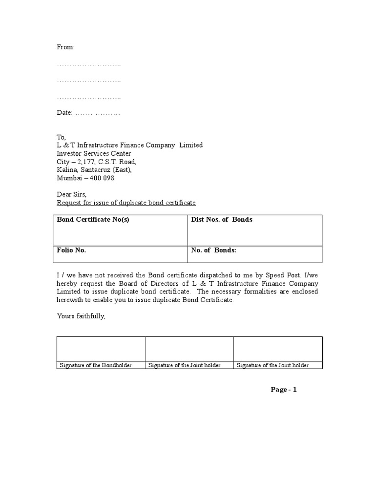 Lt Infra Duplicate Share Certificate Format Pdf Notary Public Bonds Finance