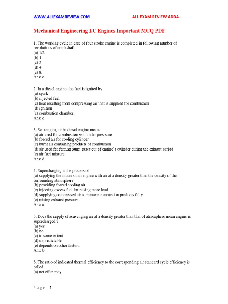Mechanical Engineering I.C Engines Important MCQ PDF: All Exam Review ...
