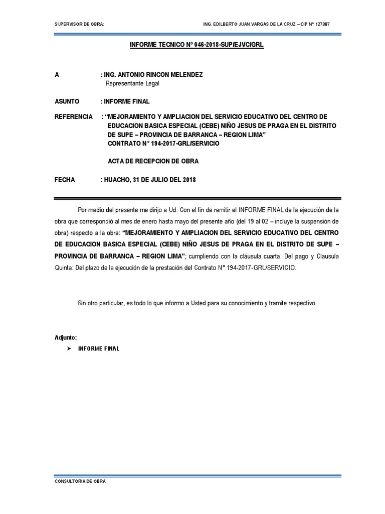 Informe Final de Supervisión de Obra | PDF | Fundación (Ingeniería) | Lima