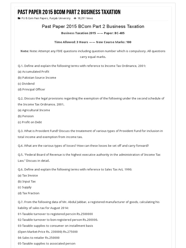 Past Paper 2015 BCom Part 2 Business Taxation PDF | PDF | Revenue | Taxes