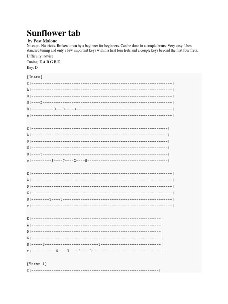 Sunflower Tab by Post Malone | PDF | String Instruments | Songs