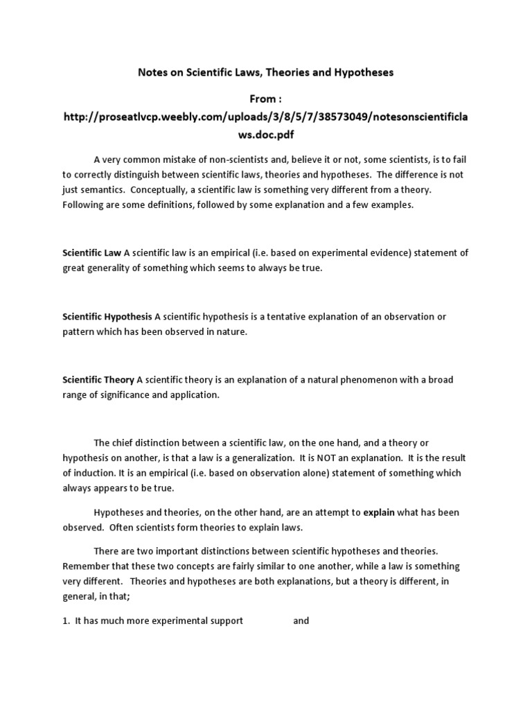 Notes On Scientific Laws, Theories and Hypotheses From: Ws PDF | PDF ...