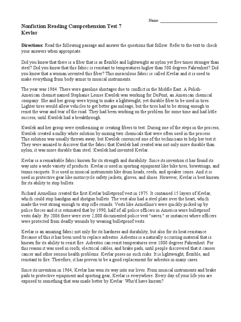 Nonfiction Reading Test 7 Kevlar | PDF | Equipment | Materials