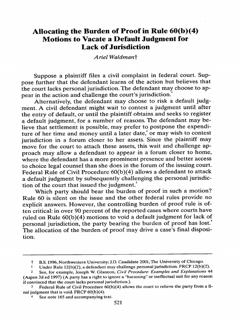 Allocating The Burden of Proof in Rule 60 (B) (4) Motions To Vacate PDF ...