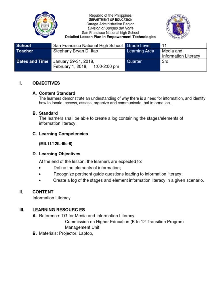 MIL Lesson Plan | PDF | Information Literacy | Information