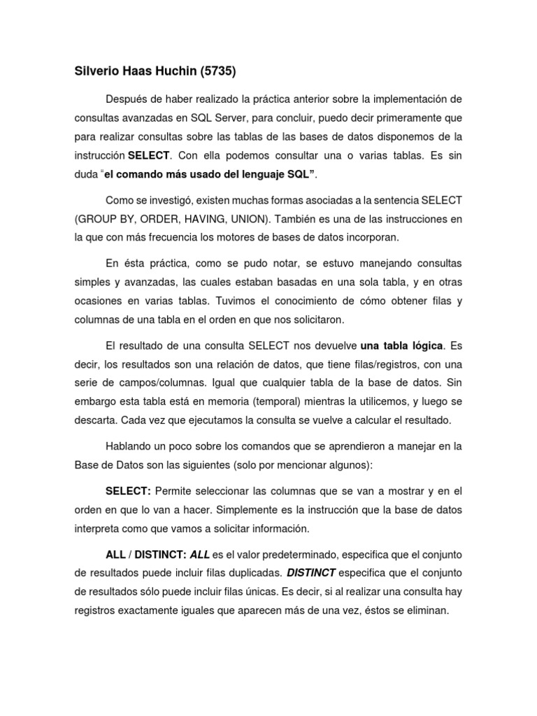 Resumen de las consultas SQL y cláusulas aprendidas en la práctica de bases de datos | PDF | SQL ...