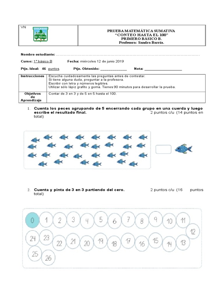 Prueba Matemática Conteo Hasta El 100 | PDF