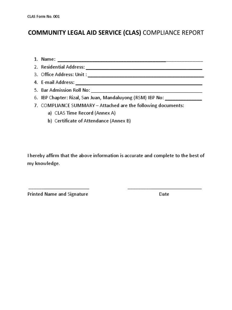 CLAS Compliance Report Form - Rizal | PDF | Career & Growth | Finance ...