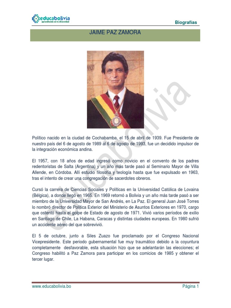 Biografía de Jaime Paz Zamora, político y presidente de Bolivia 1989 ...