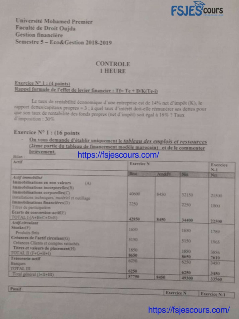 Examen de Gestion Financière s5 Corrigé PDF | PDF