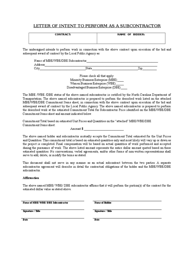 10 Letter of Intent To Perform As Subcontractor | PDF | Law Of ...
