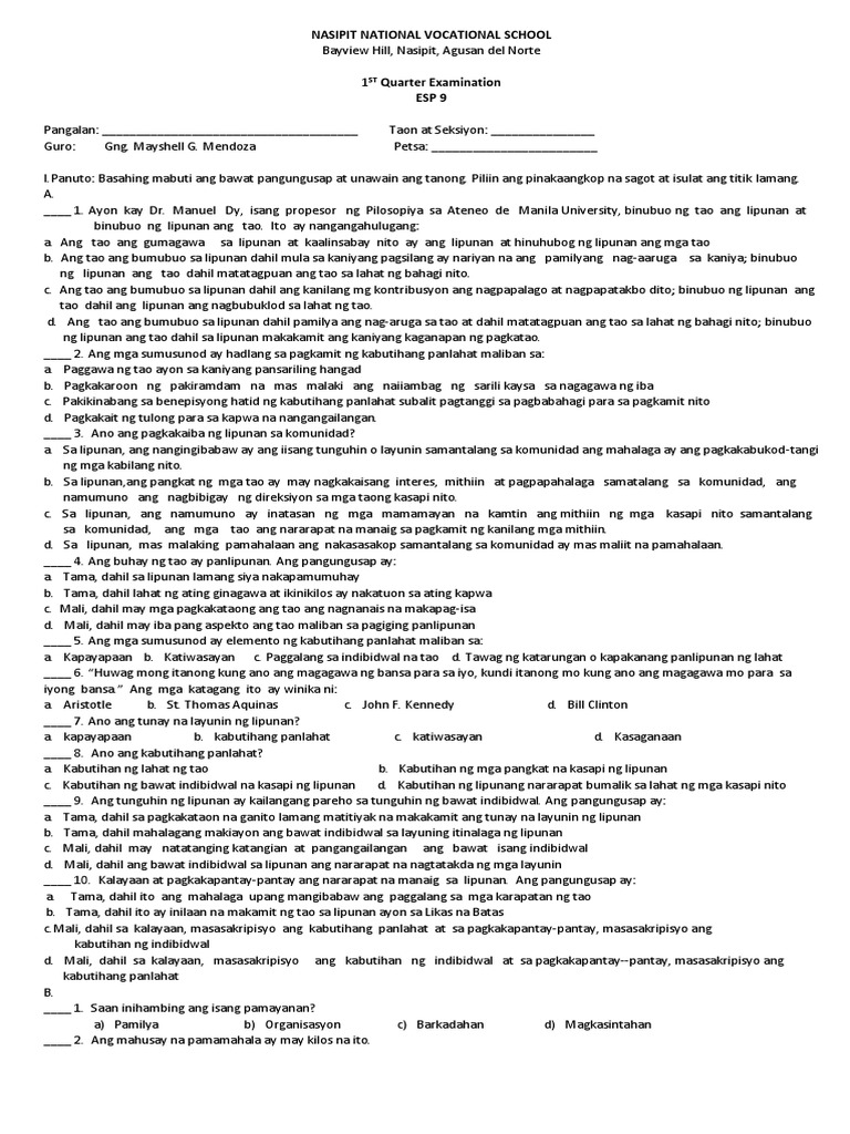 ESP 9 1st Quarter Exam 2016-2017 | PDF