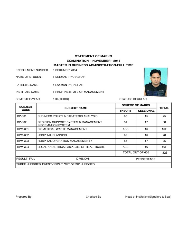 Seemant Parashar's Third Semester Statement of Marks for Master in ...