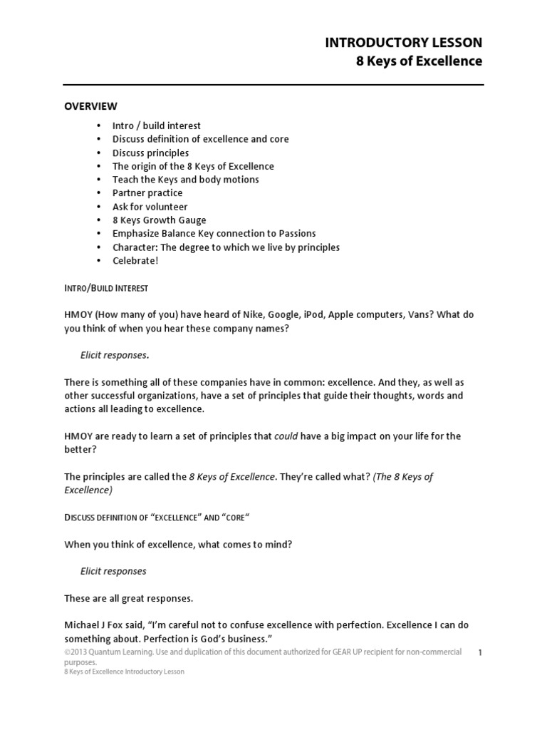 8 Keys of Excellence Introductory Lesson PDF | PDF | Behavioural ...