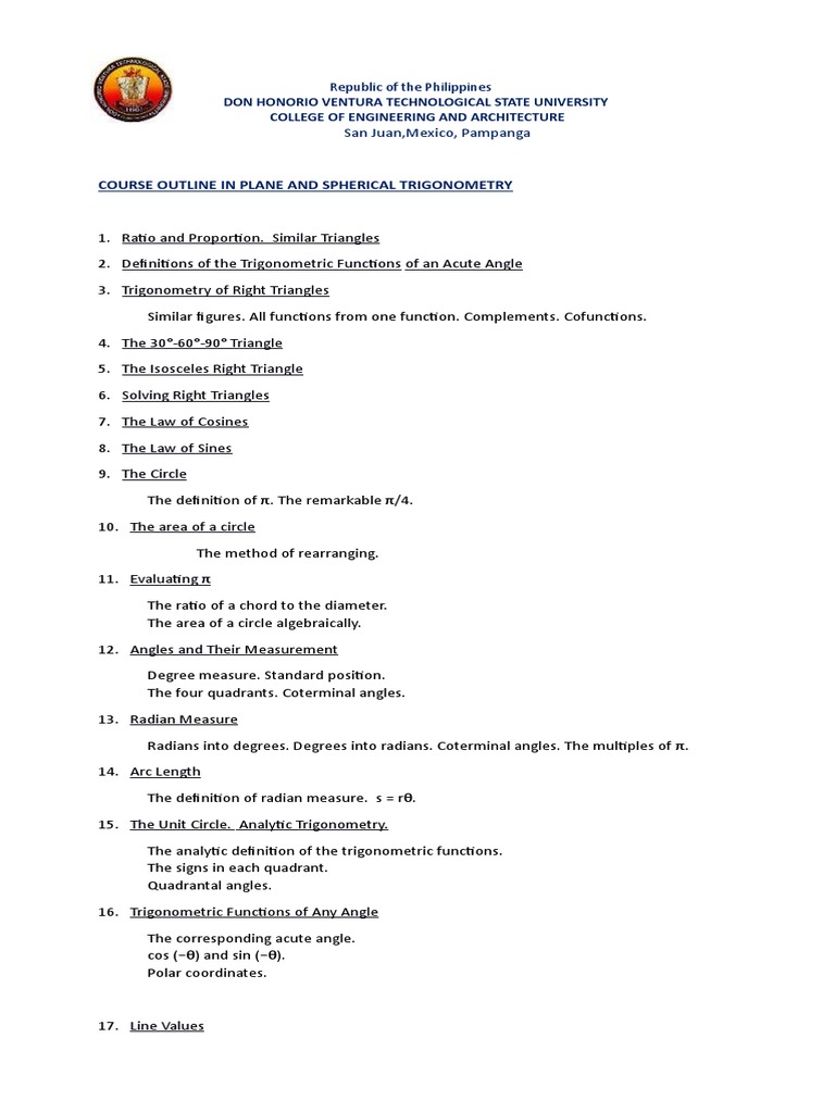 Course Outline Trigonometry | PDF