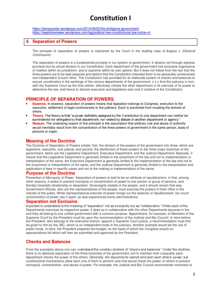 Constitution I: 4. Separation of Powers | PDF | Separation Of Powers ...