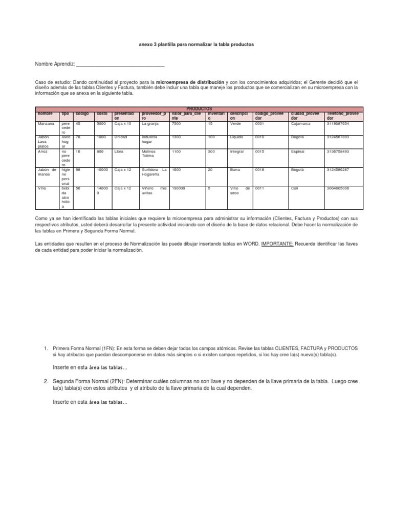 Anexo 3 Plantilla para Normalizar La Tabla Productos | PDF | Áreas de informática | Gestión de ...