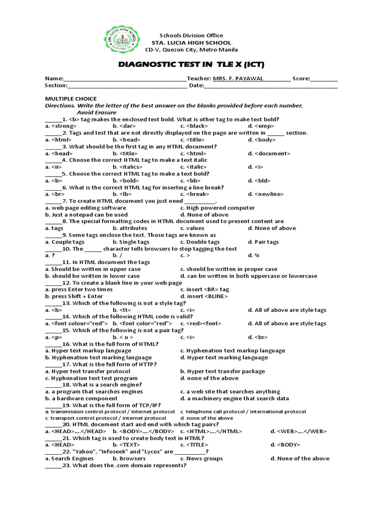 TLE X ICT Diagnostic Test for HTML | PDF | Html | Html Element