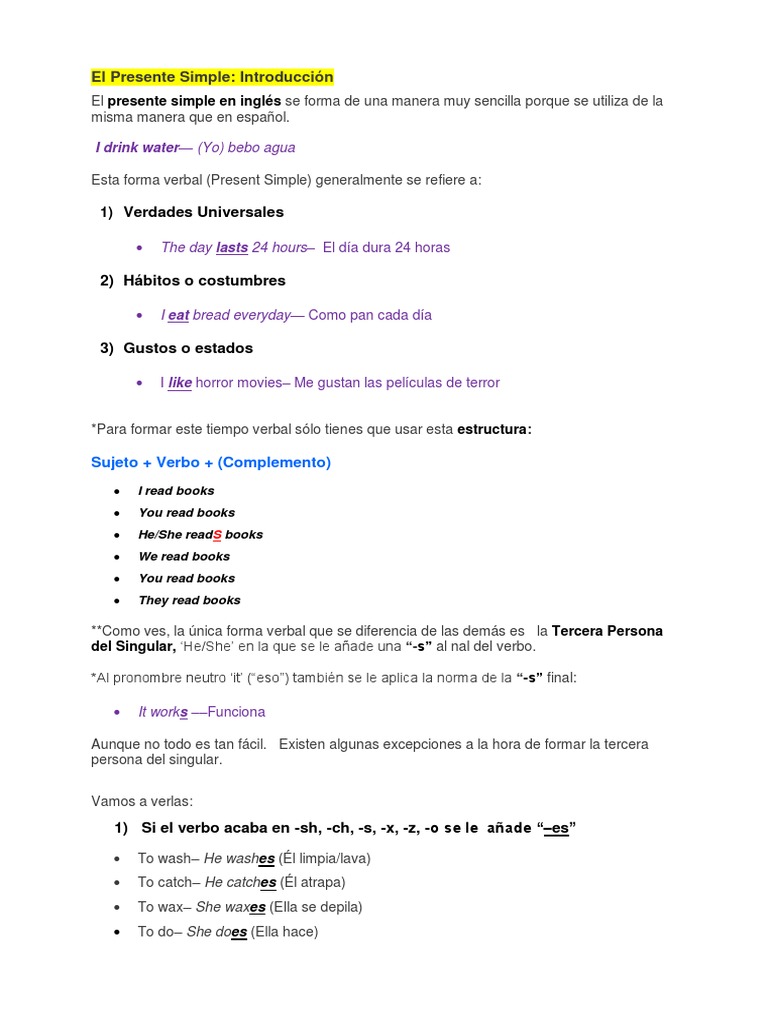 El Presente Simple Resumen | PDF | Verbo | Asunto (gramática)